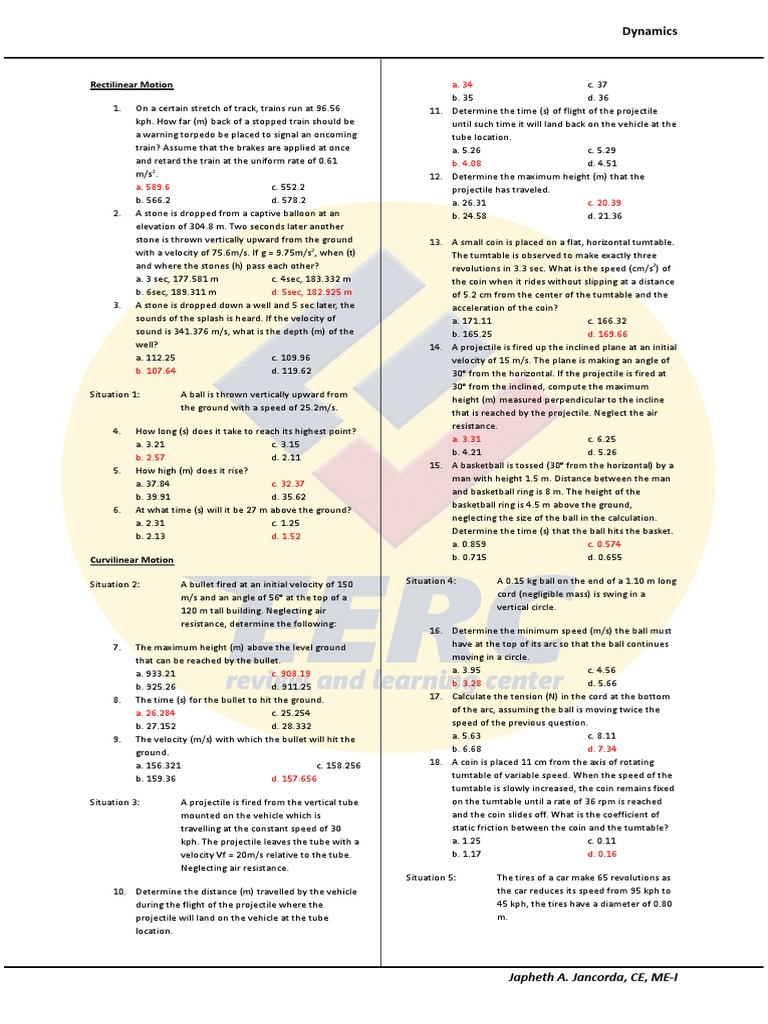Dynamics EXAM ANSWEY KEY | PDF | Acceleration | Force