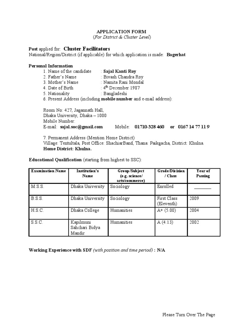 SDF Application for Cluster Facilitators | PDF | Spss | Bangladesh