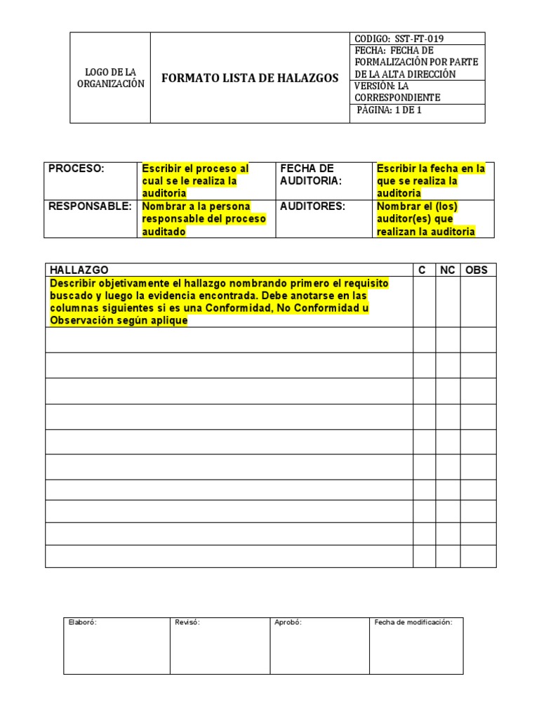 DOCUMENTO 28 Formato de Lista de Hallazgos | PDF