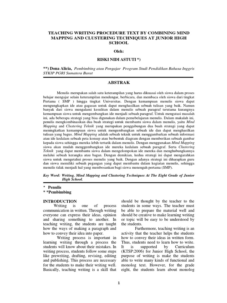 Teaching Writing Procedure Text by Combining MindMapping and Clustering Technique For Junior ...