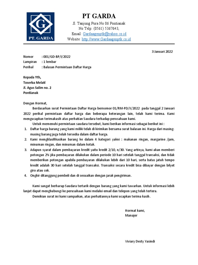 Surat Balasan Permintaan Daftar Harga New | PDF