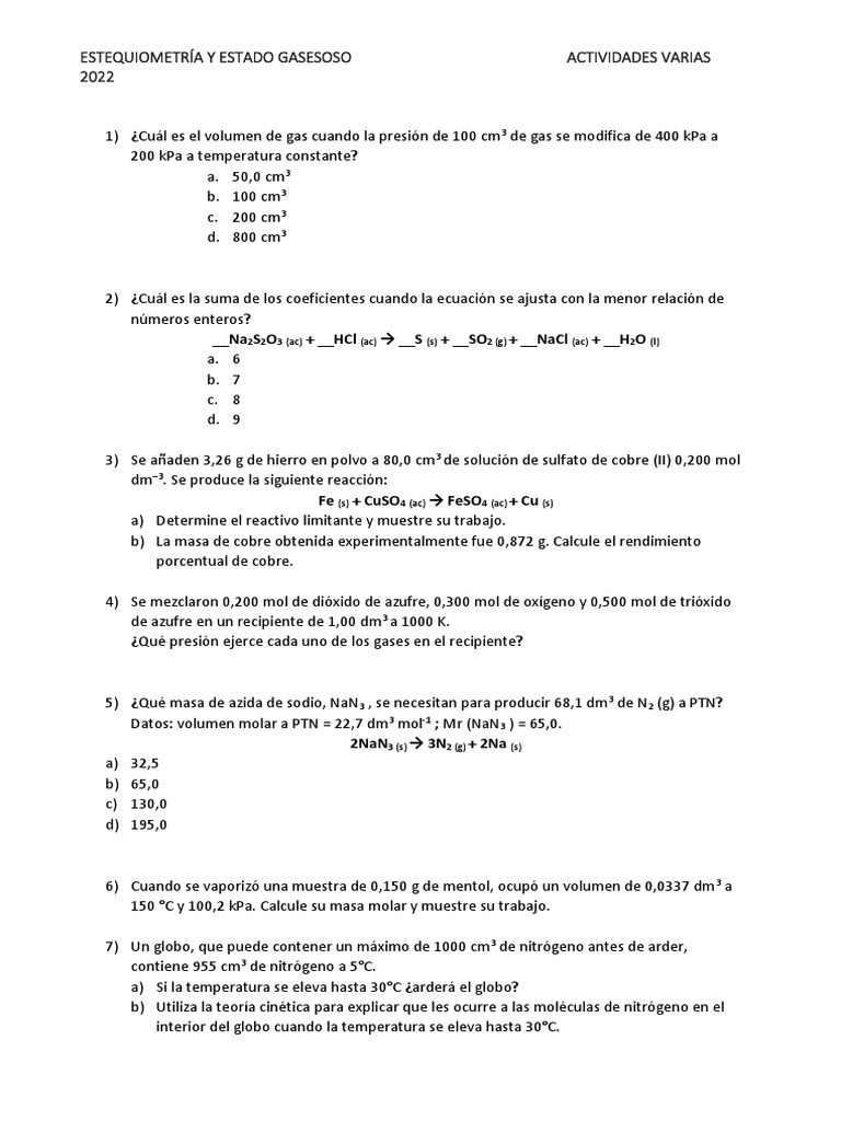 Actividades. Estequiometr A y Estado Gaseoso. | PDF | Gases | Mole (Unidad)