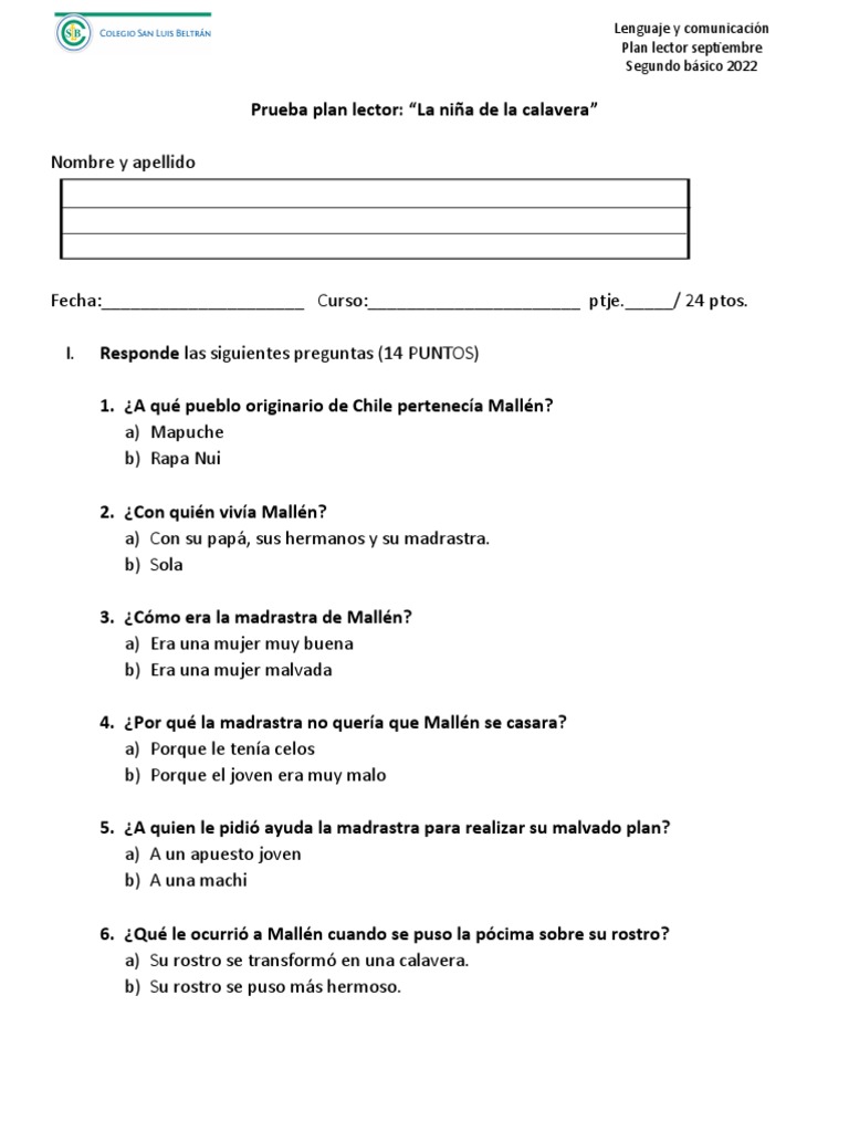 Prueba Plan Lector La Niña de La Calavera | PDF