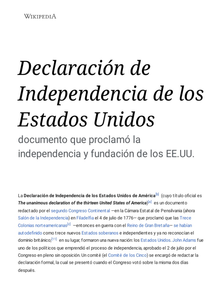 Declaración de Independencia de Los Estados Unidos - Wikipedia, La ...