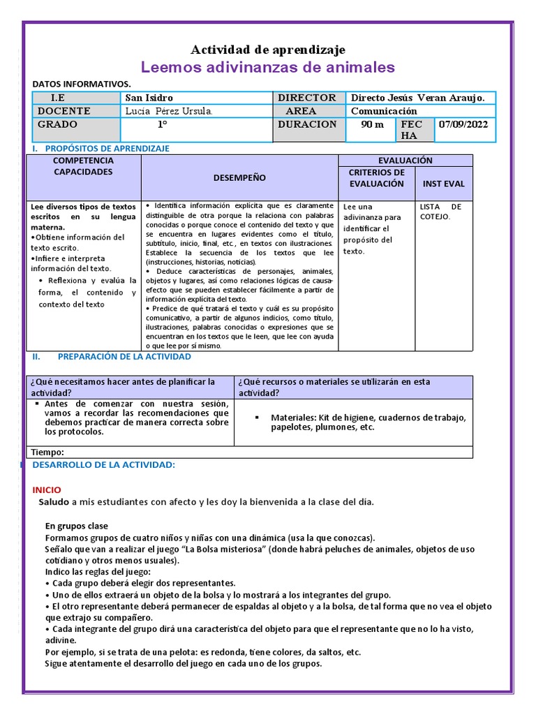 Com-Leemos Adivinanzas de Animales | PDF | Evaluación | Aprendizaje