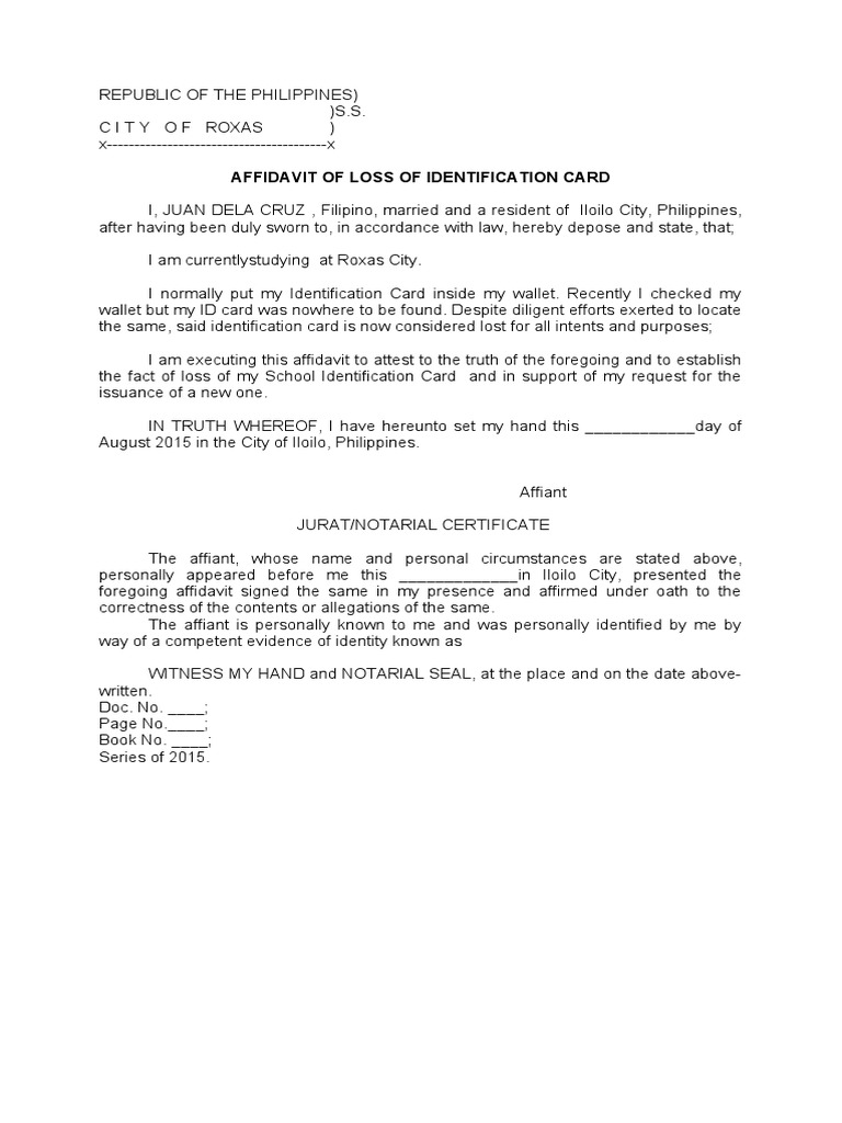 AFFIDAVIT OF LOSS of ID | PDF | Politics | Law