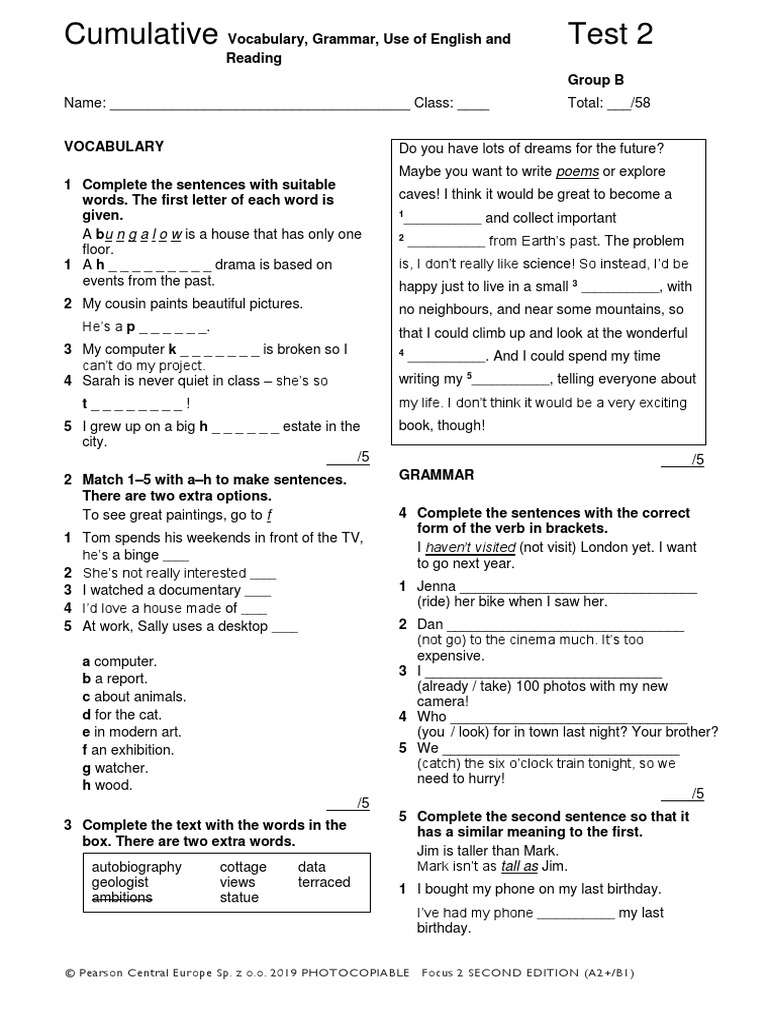 Focus 2 2ed Cumulative Test 2 Units1-4 GroupB | PDF
