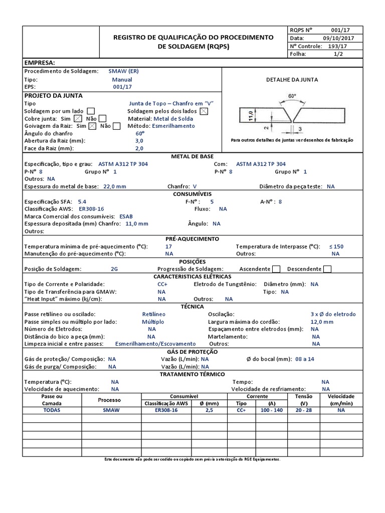 Registro de Qualificação do Procedimento de Soldagem SMAW para Junta de ...