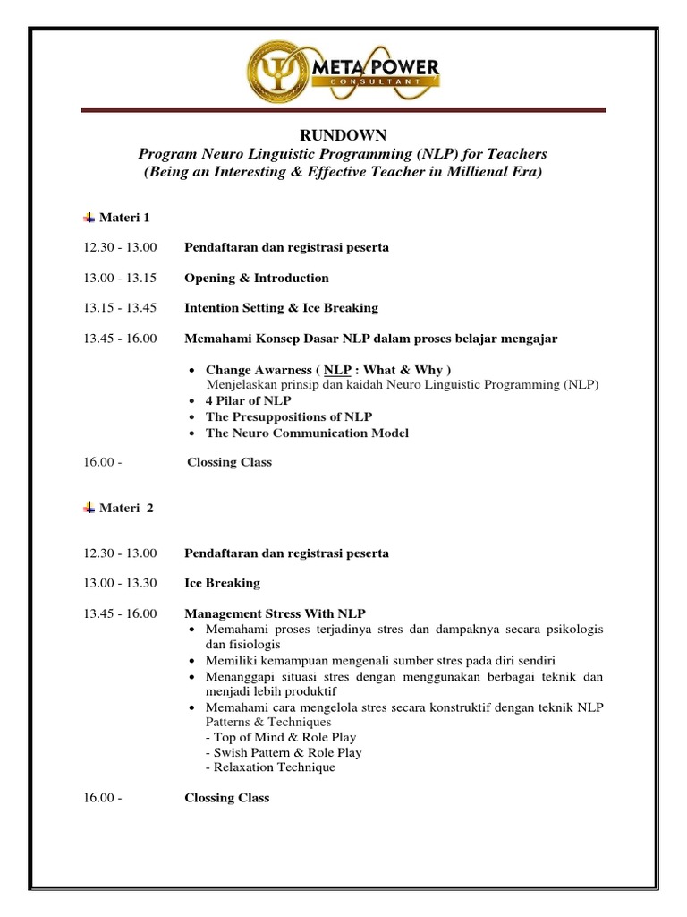 Rundown Acara Workshop NLP For Teachers | PDF