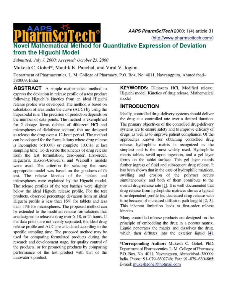 Higuchi Model | PDF | Diffusion | Tablet (Pharmacy)