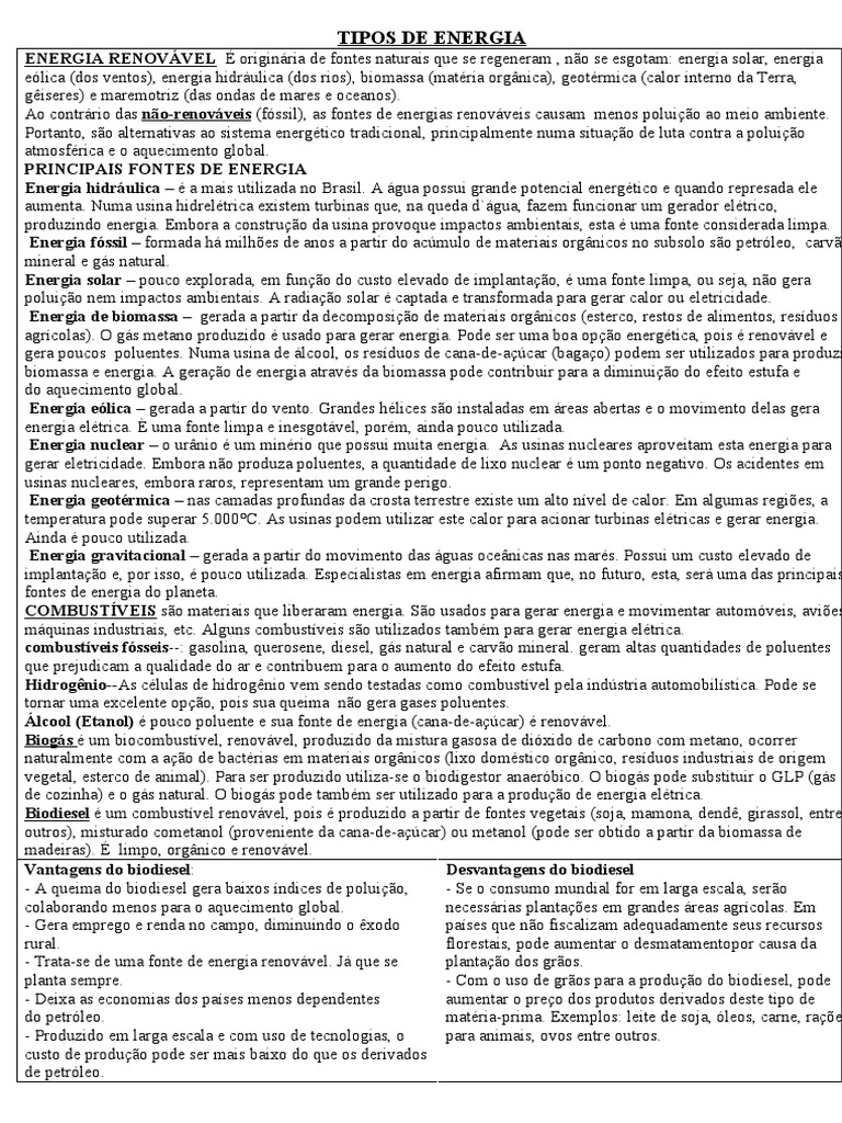 Tipos de Energia | PDF | Energia renovável | Biogás