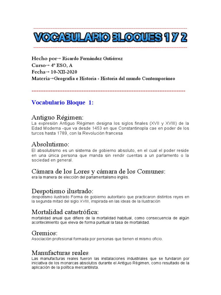Vocabulario 4o de La ESO Bloque 1 y 2 | PDF | Era de iluminacion | Gobierno