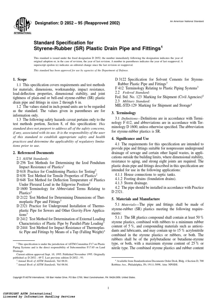 Styrene-Rubber (SR) Plastic Drain Pipe and Fittings: Standard ...