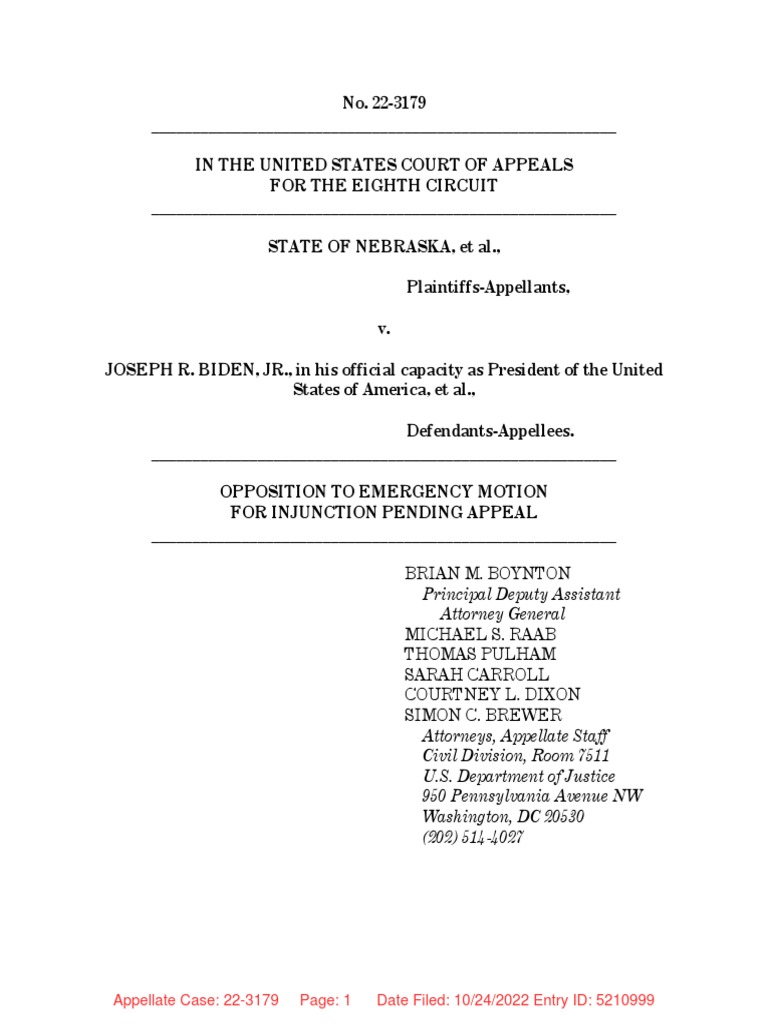 No. 22-3179 OPPOSITION TO EMERGENCY MOTION FOR INJUNCTION PENDING ...