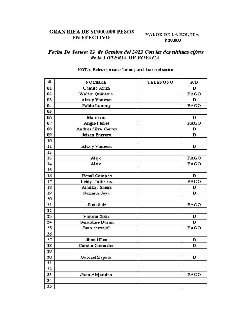 Gran Rifa de $1,000,000 en Boyacá | PDF