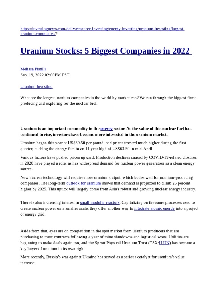 Uranium Stocks: 5 Biggest Companies in 2022 | PDF | Law