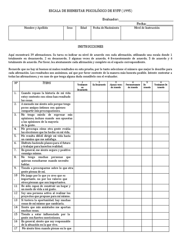 Evaluación del bienestar psicológico mediante la Escala de Bienestar ...