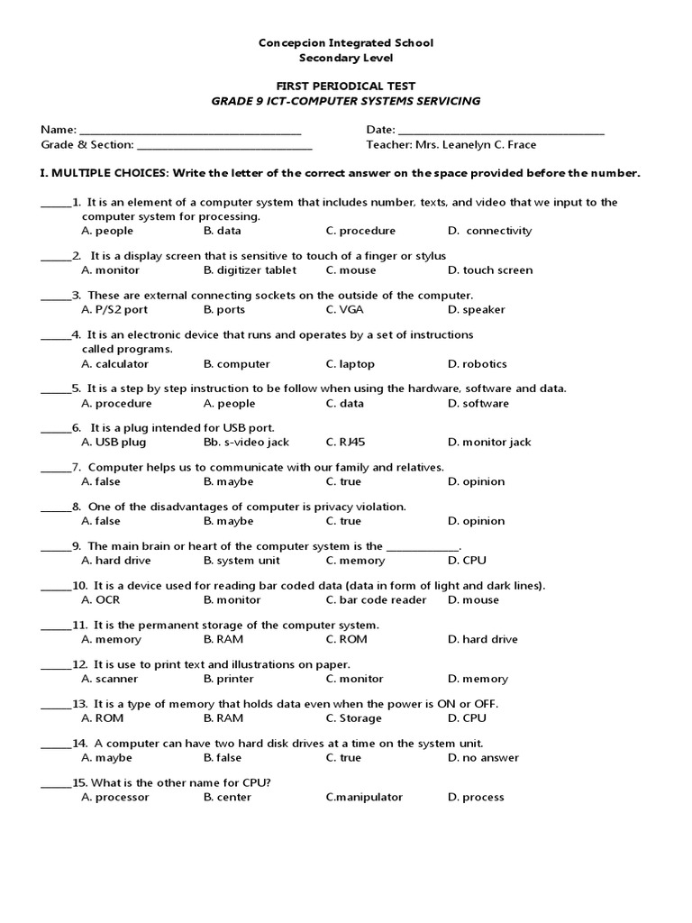 Grade 9 First Quarter Css Periodical Test | PDF | Computer Data Storage ...