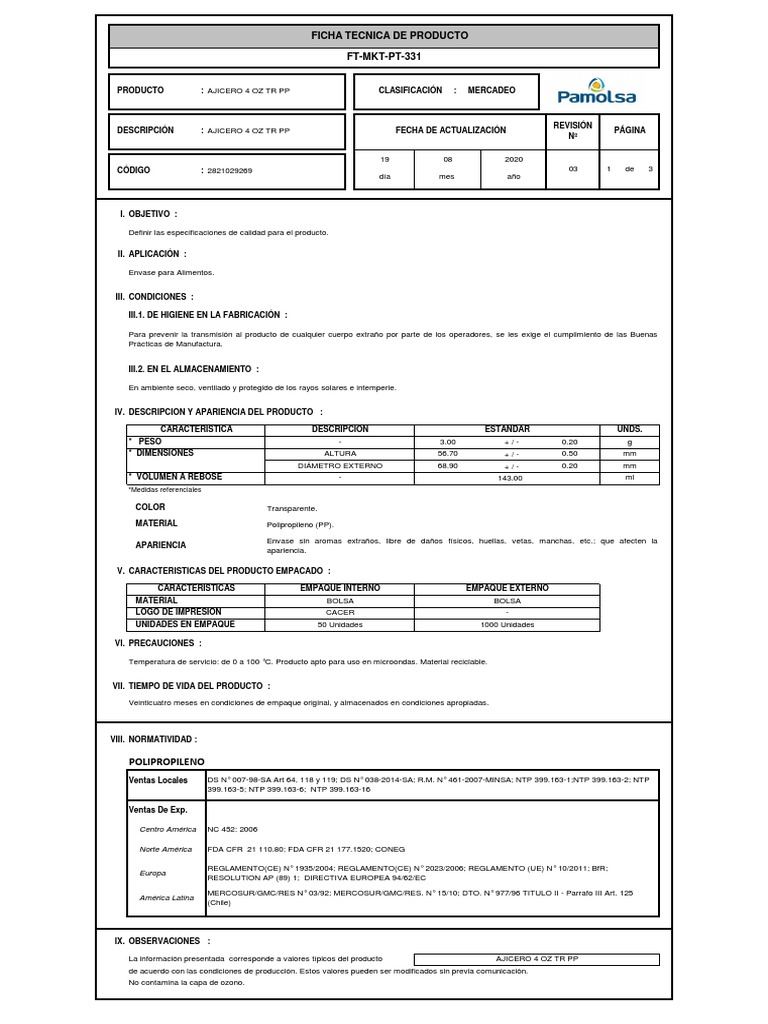 FT-MKT-PT-331 (Ajicero 4 Oz TR PP) | PDF | Procesos industriales ...