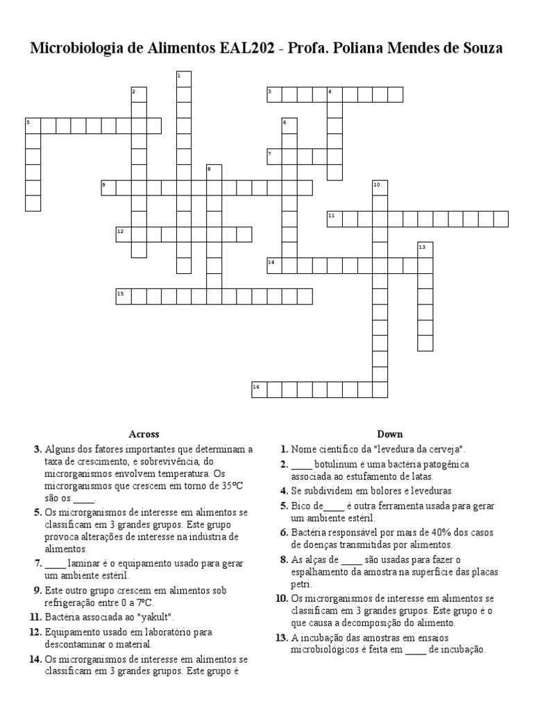 JOGO 1 - Palavras-Cruzadas-Da-Eal202 - Microbiologia de Alimentos | PDF ...