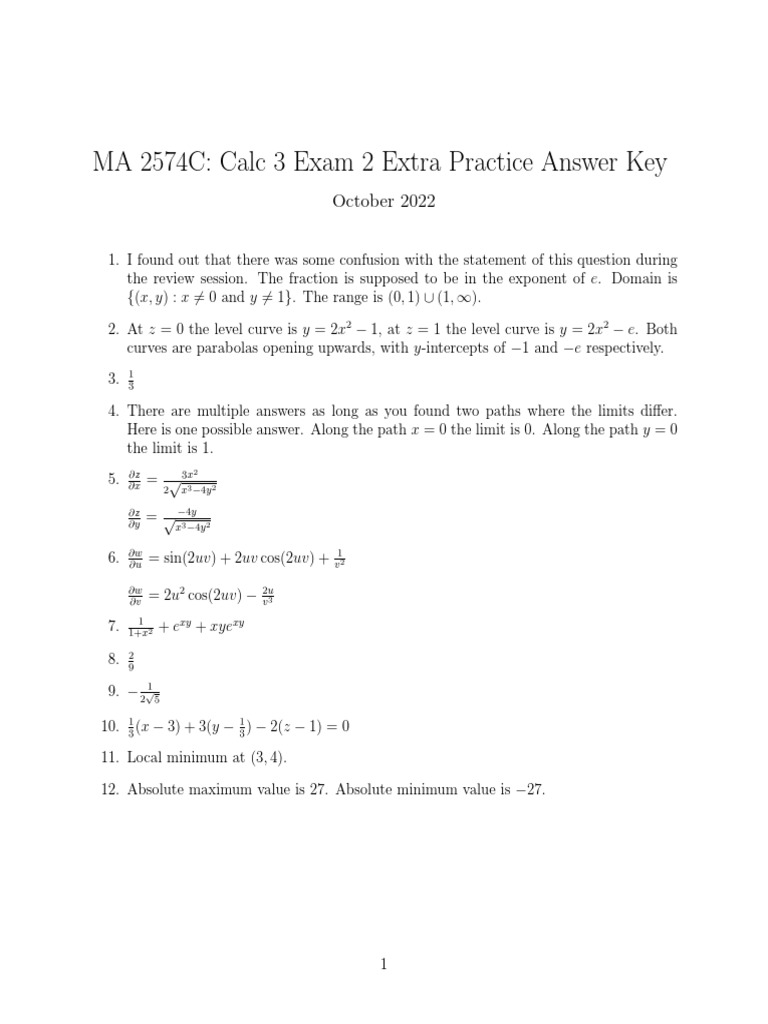 Calc 3 Exam 2 Extra Practice Answer | PDF