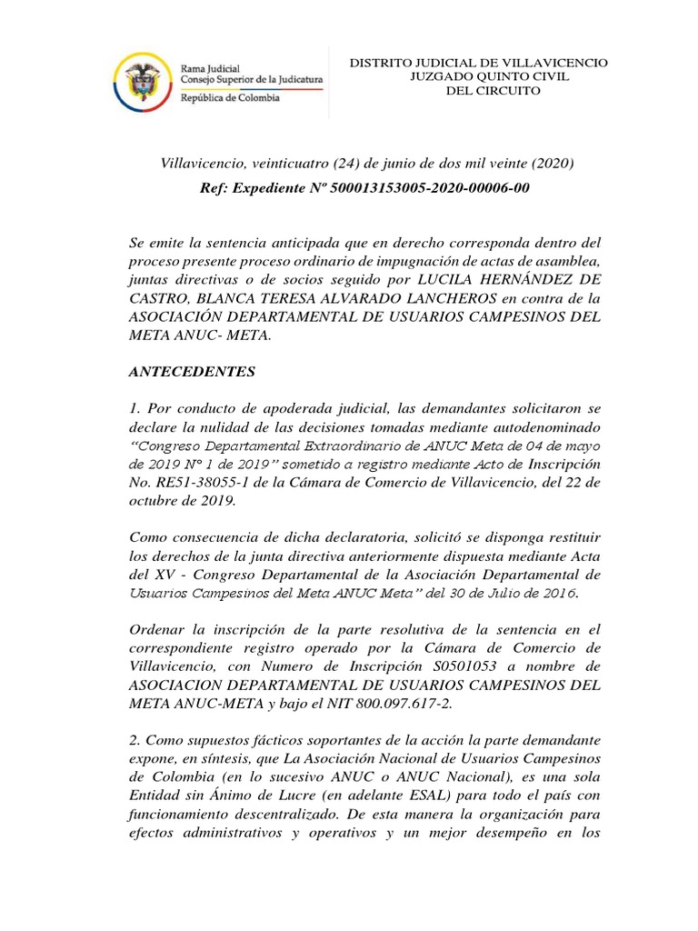 Sentencia sobre impugnación en ANUC Meta | PDF | Sentencia (ley) | Quórum