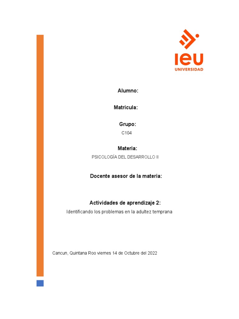 Actividad 2. Identificando Los Problemas en La Adultez Temprana | PDF | Adultos | Medicina CLINICA