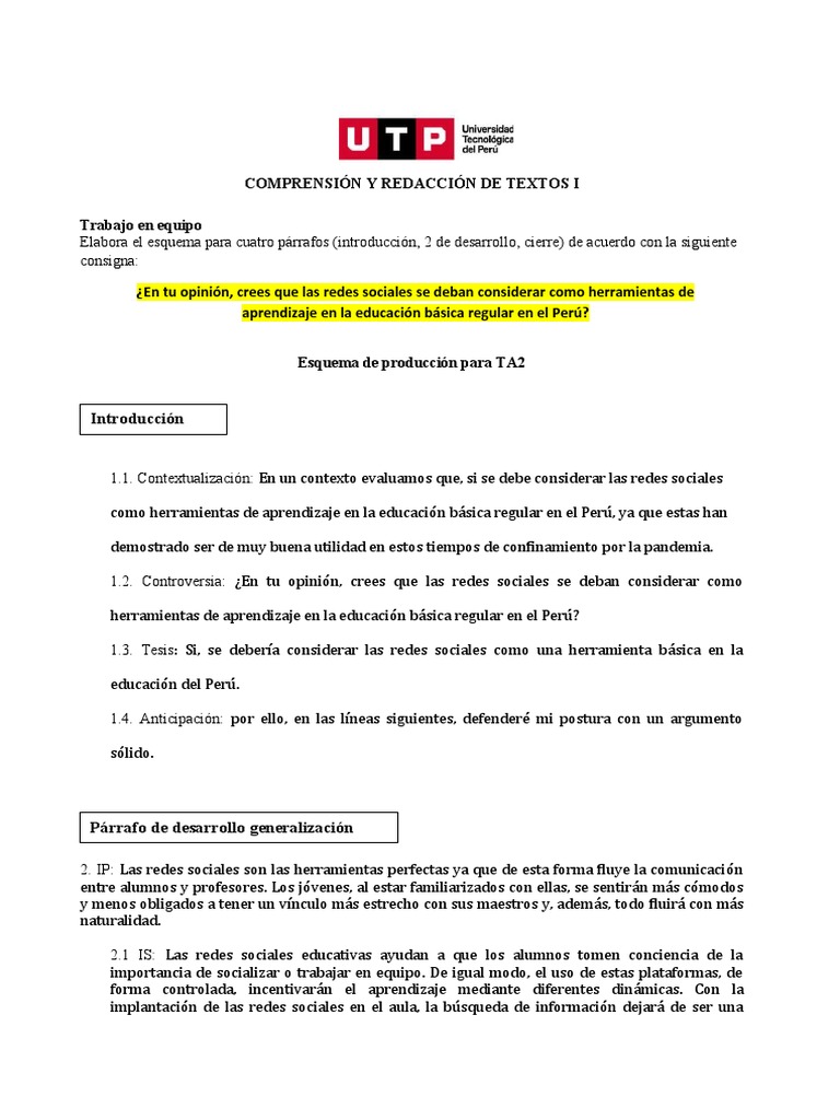 Modelo+de+esquema+de+redacción+TA2 (1) Terminado | PDF | Método de enseñanza | Servicio de redes ...