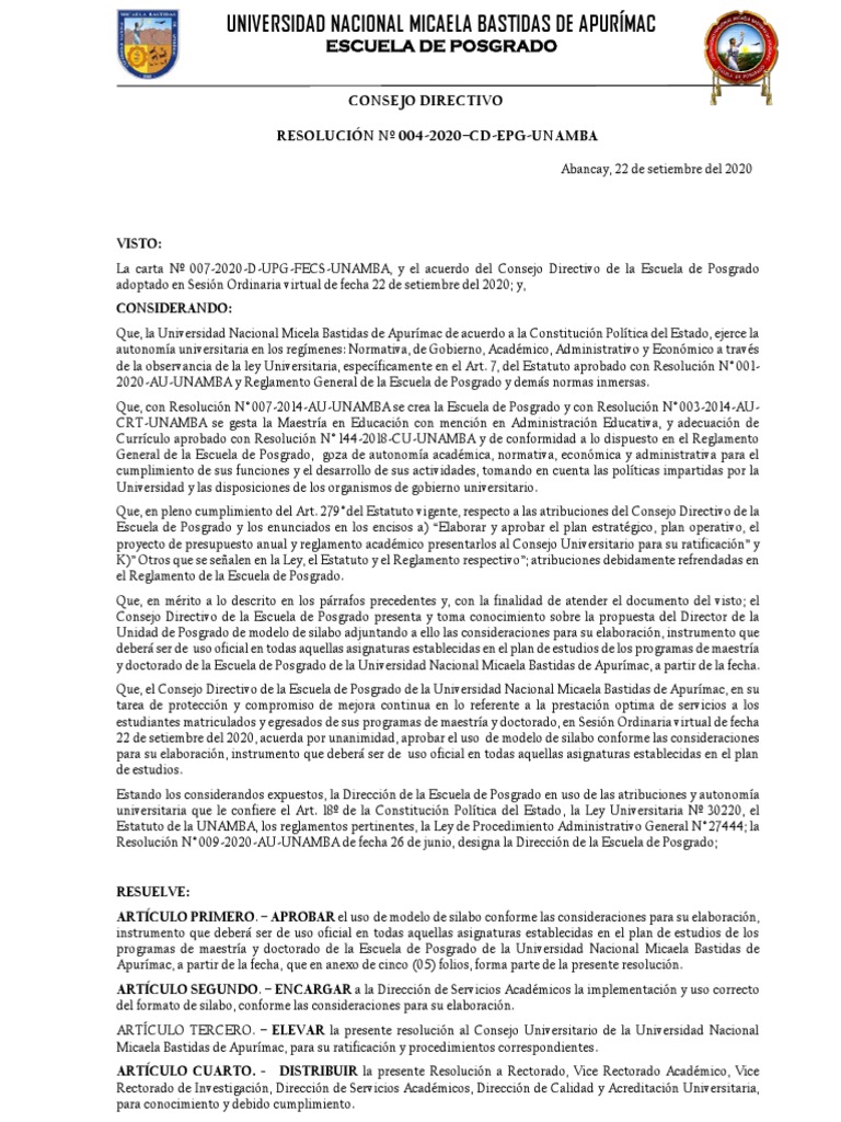 Res. Nro. 004 Aprobar Silabo y Directivas para Elaboración UNAMB A ...