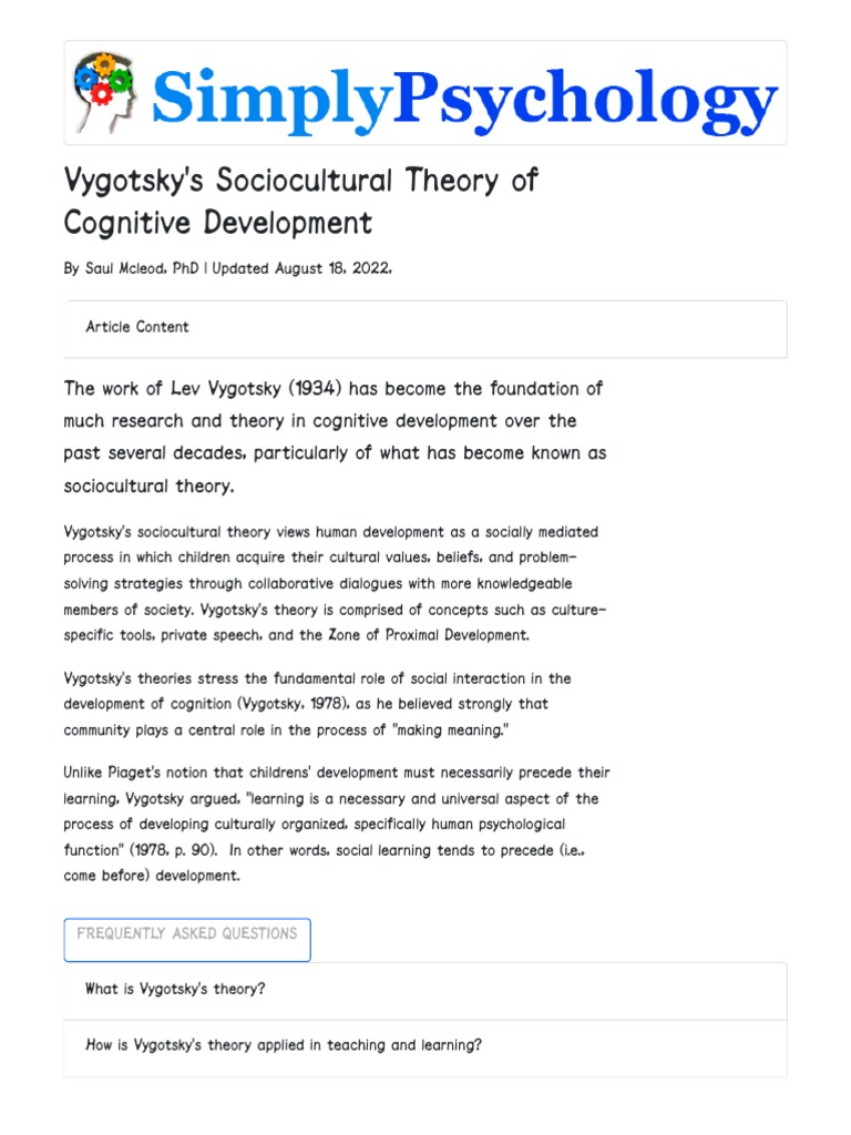 Lev Vygotsky's Sociocultural Theory of Cognitive Development | PDF ...
