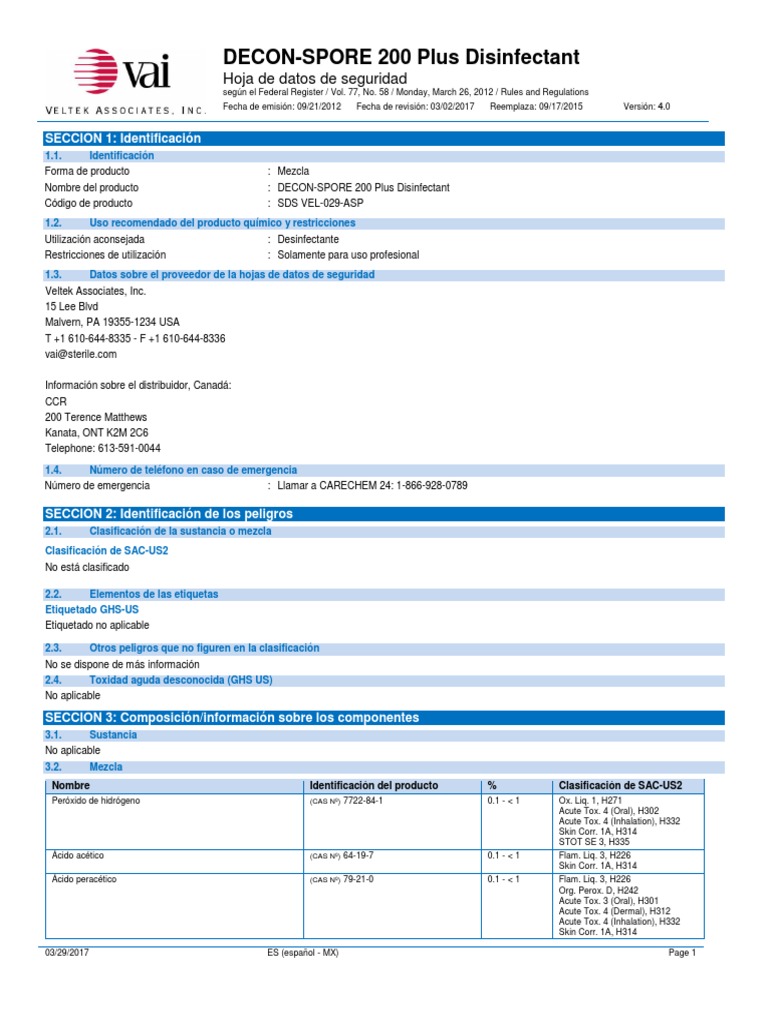 DECON SPORE 200 Plus Disinfectant - VEL 029 ASP SDS Americas Spanish ...
