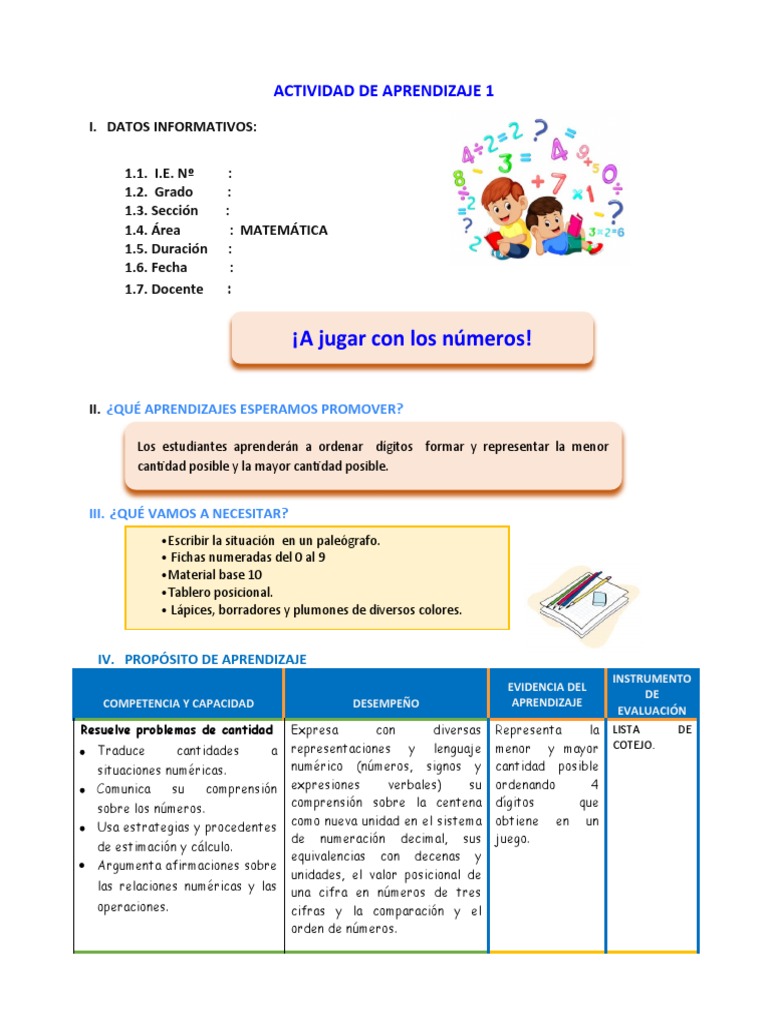 D1 A1 SESION ¡A Jugar Con Los Números | PDF | Evaluación | Cognición