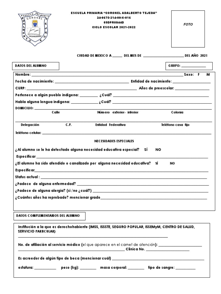 Hoja de Datos Personales Alumnos 2021-2022 | PDF