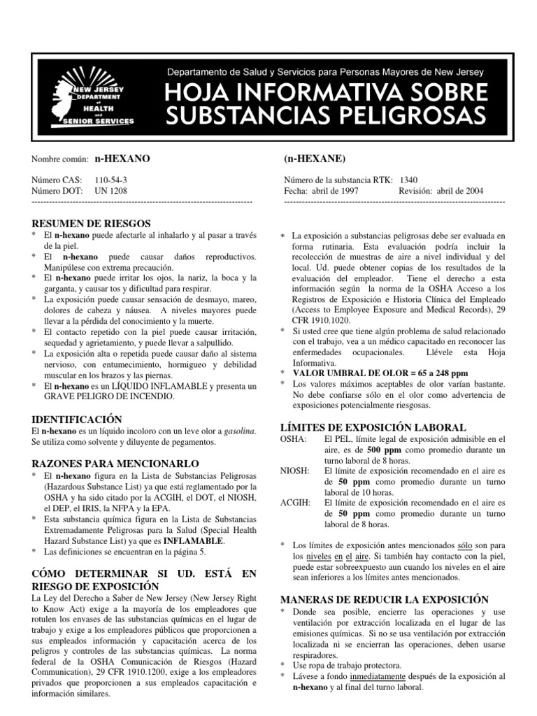 Hexano | PDF | Administración de Seguridad y Salud Ocupacional | Química