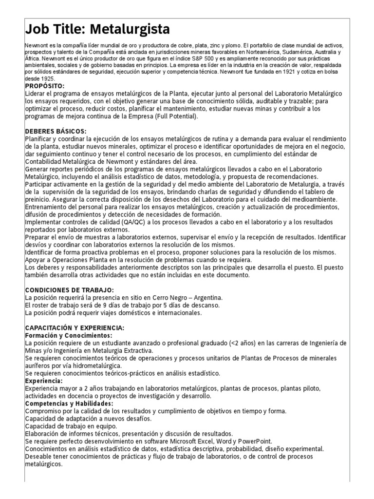 Job Description - Metalurgista (23383) | PDF | Metalurgia | Minería
