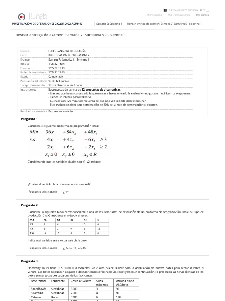 Revisar Entrega de Examen - Semana 7 - Sumativa 5 - Solemne 1 &.. | PDF | Optimización ...