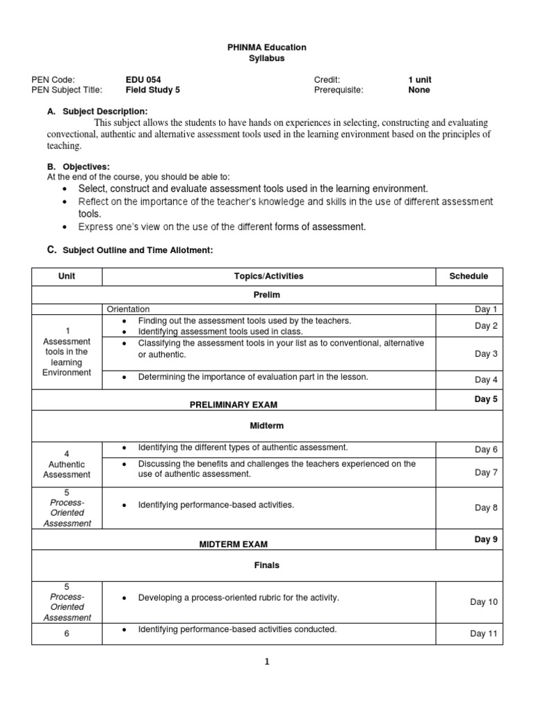 EDU 054 Syllabus, Day 1 - 12 | PDF | Educational Assessment ...