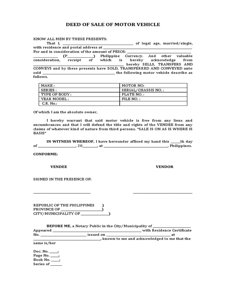 Motor Vehicle Deed of Sale Template | PDF | Law