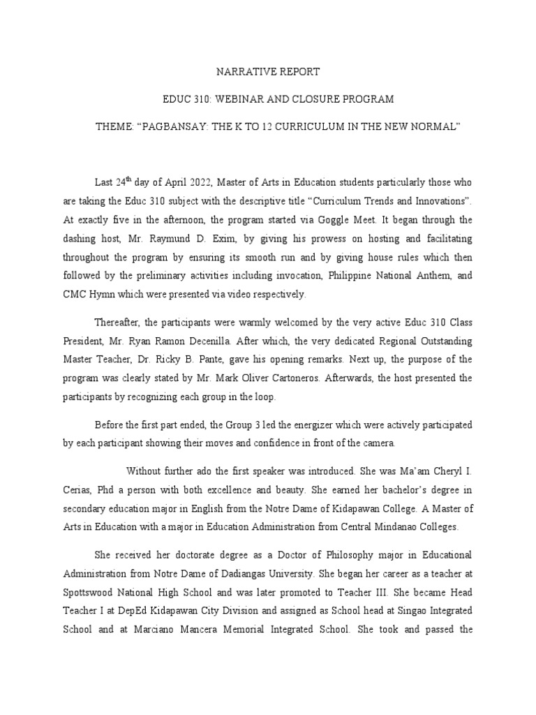 Narrative Report 1 | PDF | Learning | Literacy