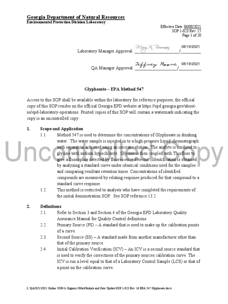 EPA Method 547 for Glyphosate Testing | PDF | High Performance Liquid ...