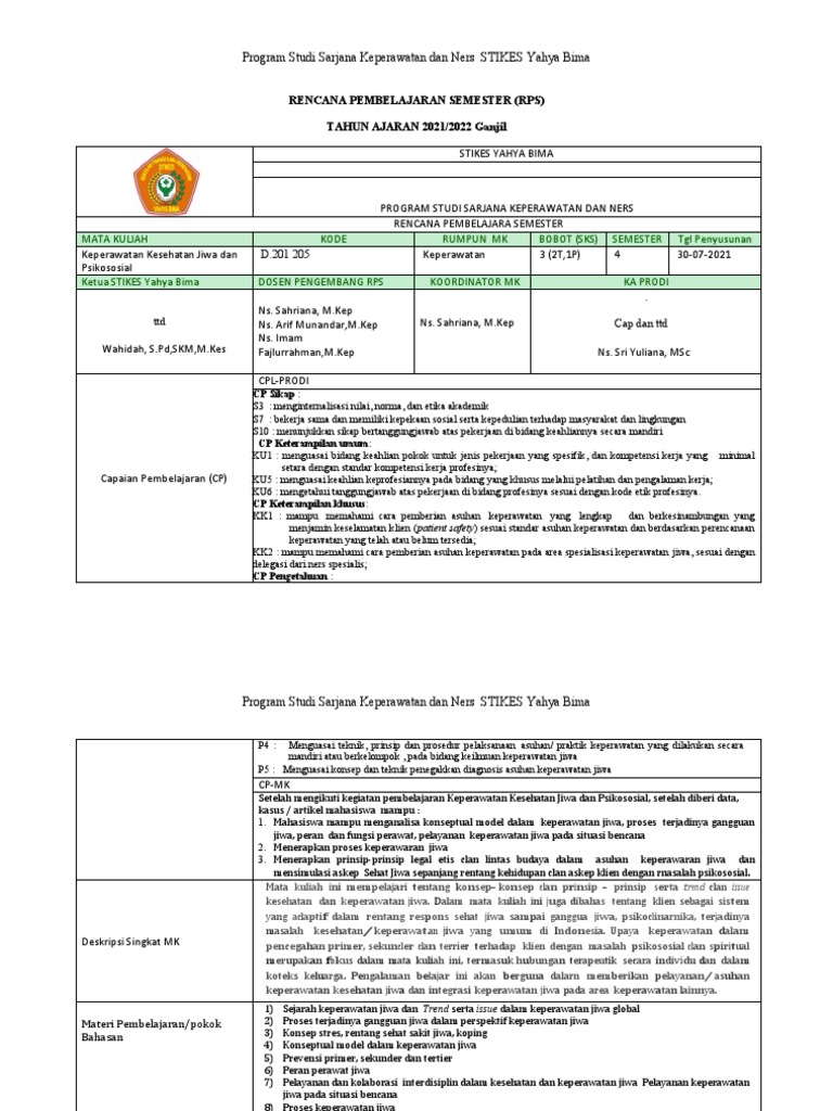 RPS Keperawatan Jiwa 2021-2022 | PDF | Pengembangan Diri