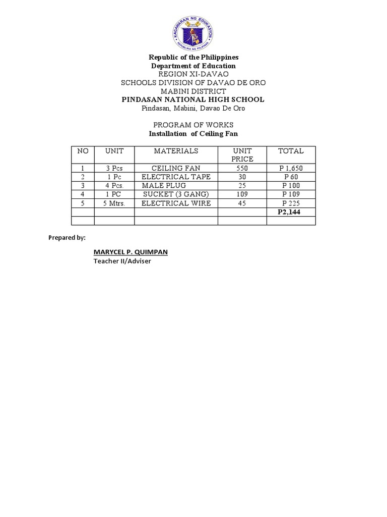 Program of Works - Ceiling | PDF | Electrical Engineering | Equipment