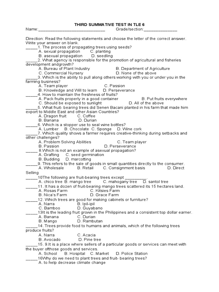 First Summative Test In Tle 6 Pdf Trees Foods 9374