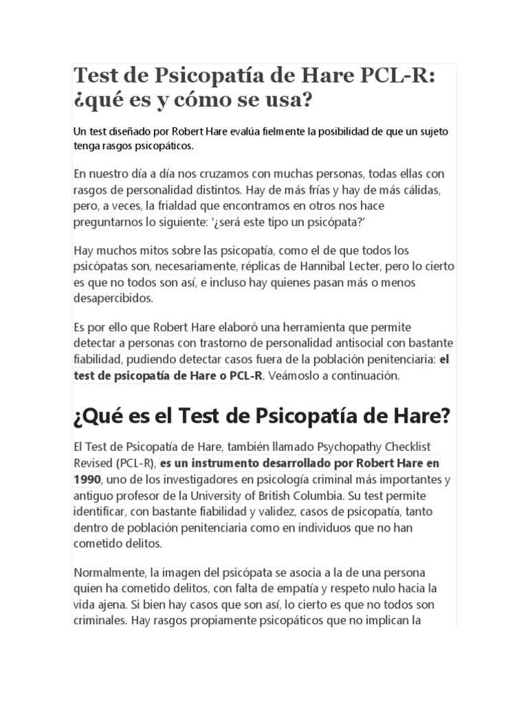 Test de Psicopatía PCL-R: Guía y Uso | PDF | Psicopatía | Sicología