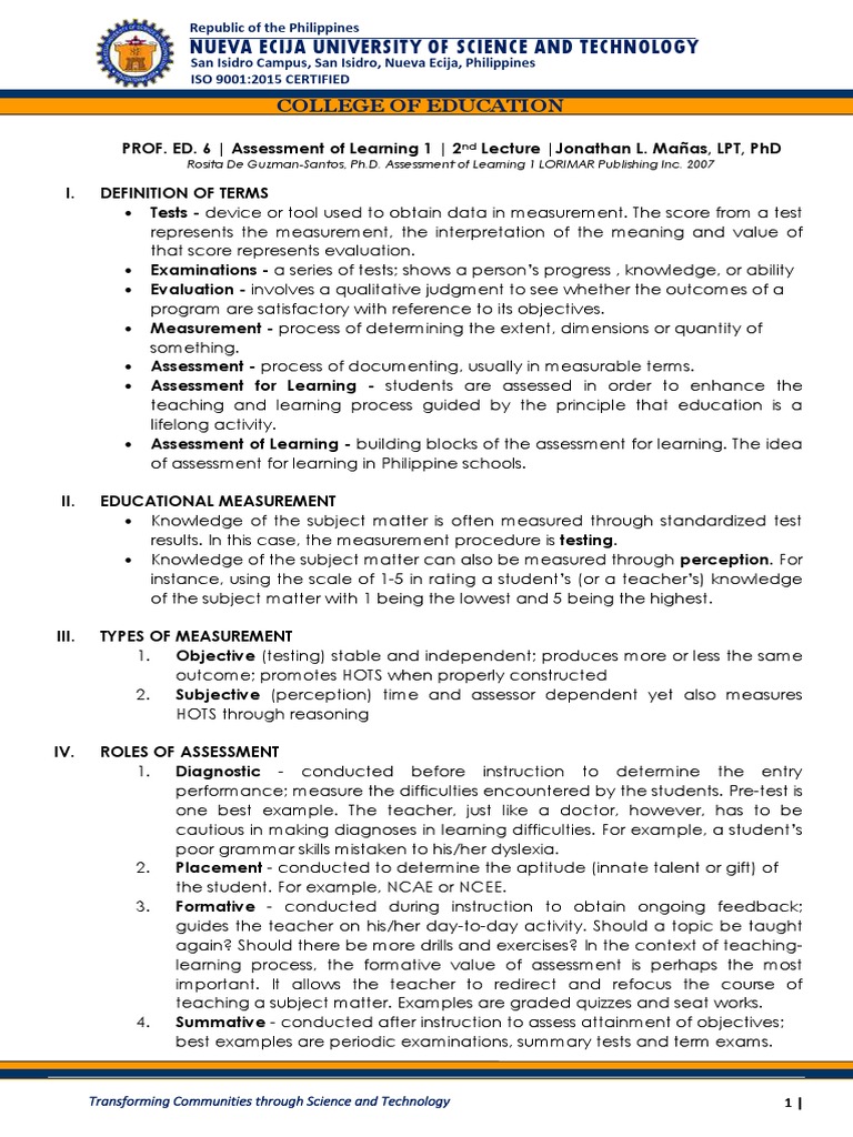 Assessment Terminlogies and Principles of High Quality Assessment | PDF | Educational Assessment ...