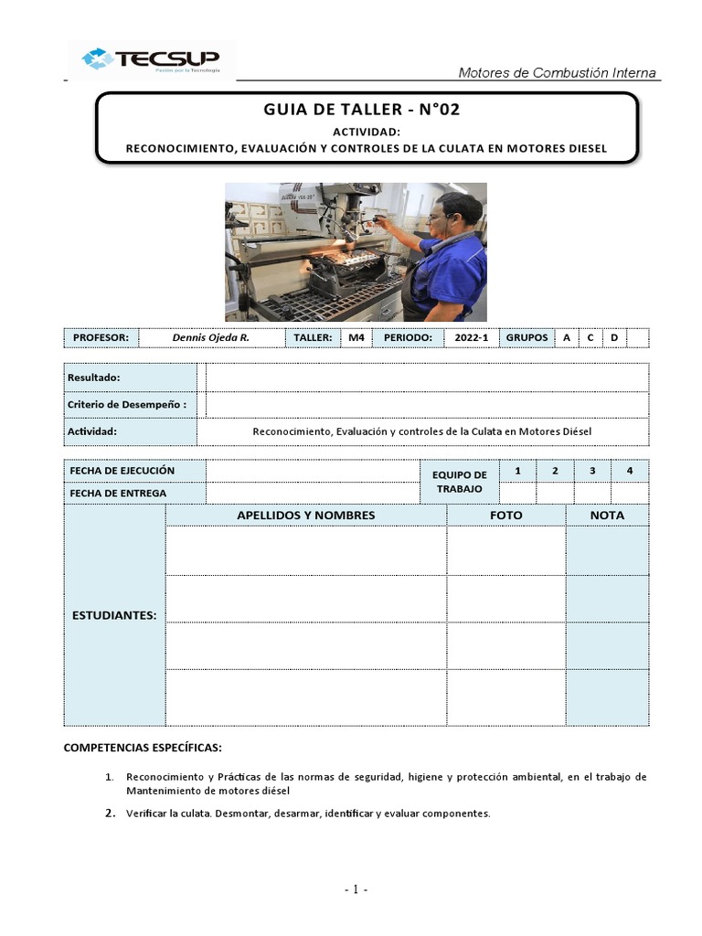 Guia de Taller #02 MCI 5 C21 2022-2 Culata RUBRICA | PDF | Tornillo | Motor de combustión interna