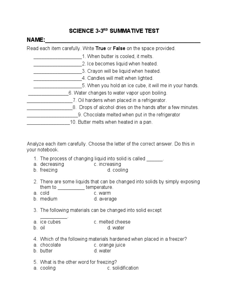 Grade 3 Science Summative Test 3-3 | PDF | Freezing | Water