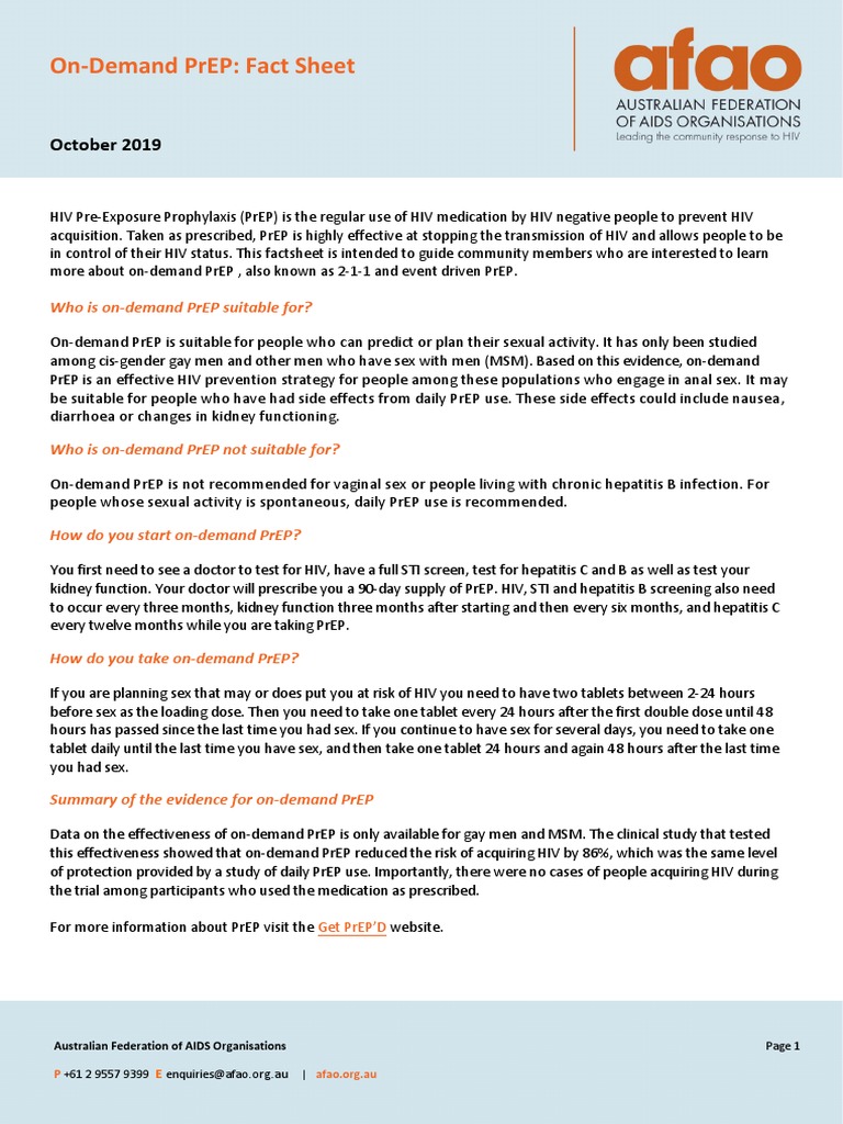 AFAO On Demand PrEP Fact Sheet Oct 2019 | PDF | Men Who Have Sex With ...