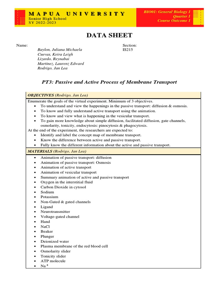 Pt3 Data Sheet Passive and Active Transport Group2 | PDF | Cell Membrane | Vesicle (Biology And ...
