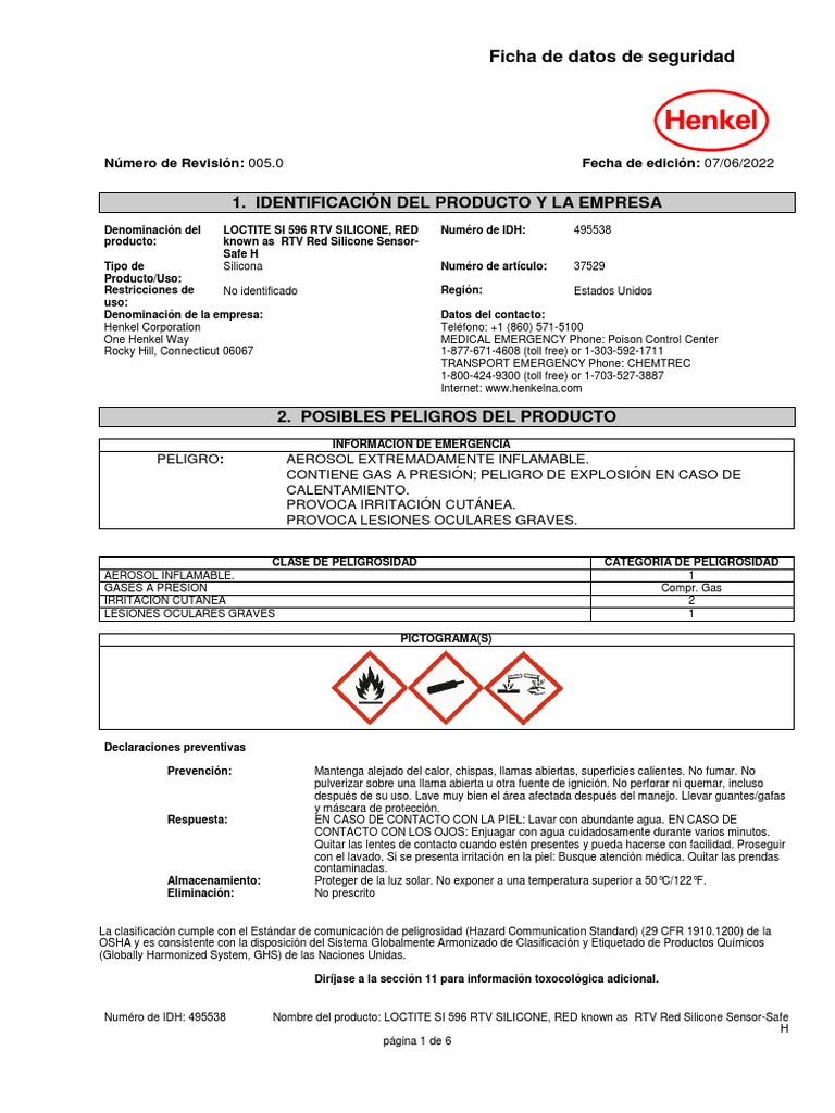 Ficha de Datos de Seguridad Silicona Roja Alta Temperatura | PDF ...